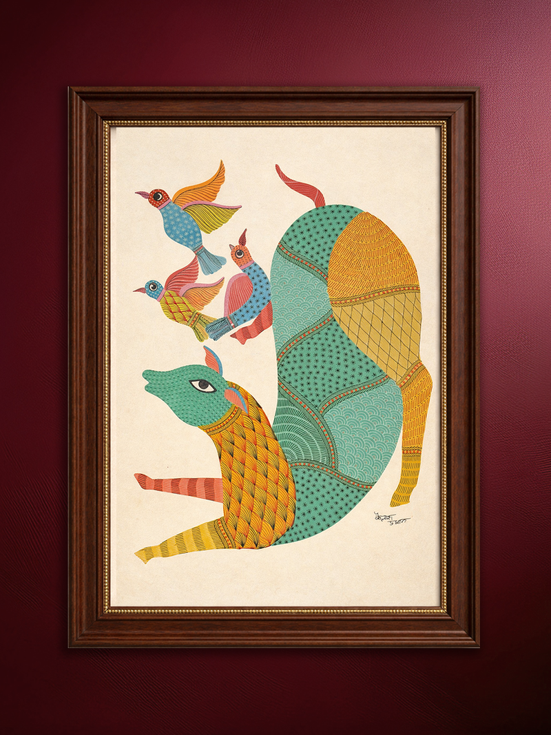 Buy Cow with birds in Gond Art – Handmade Traditional Art