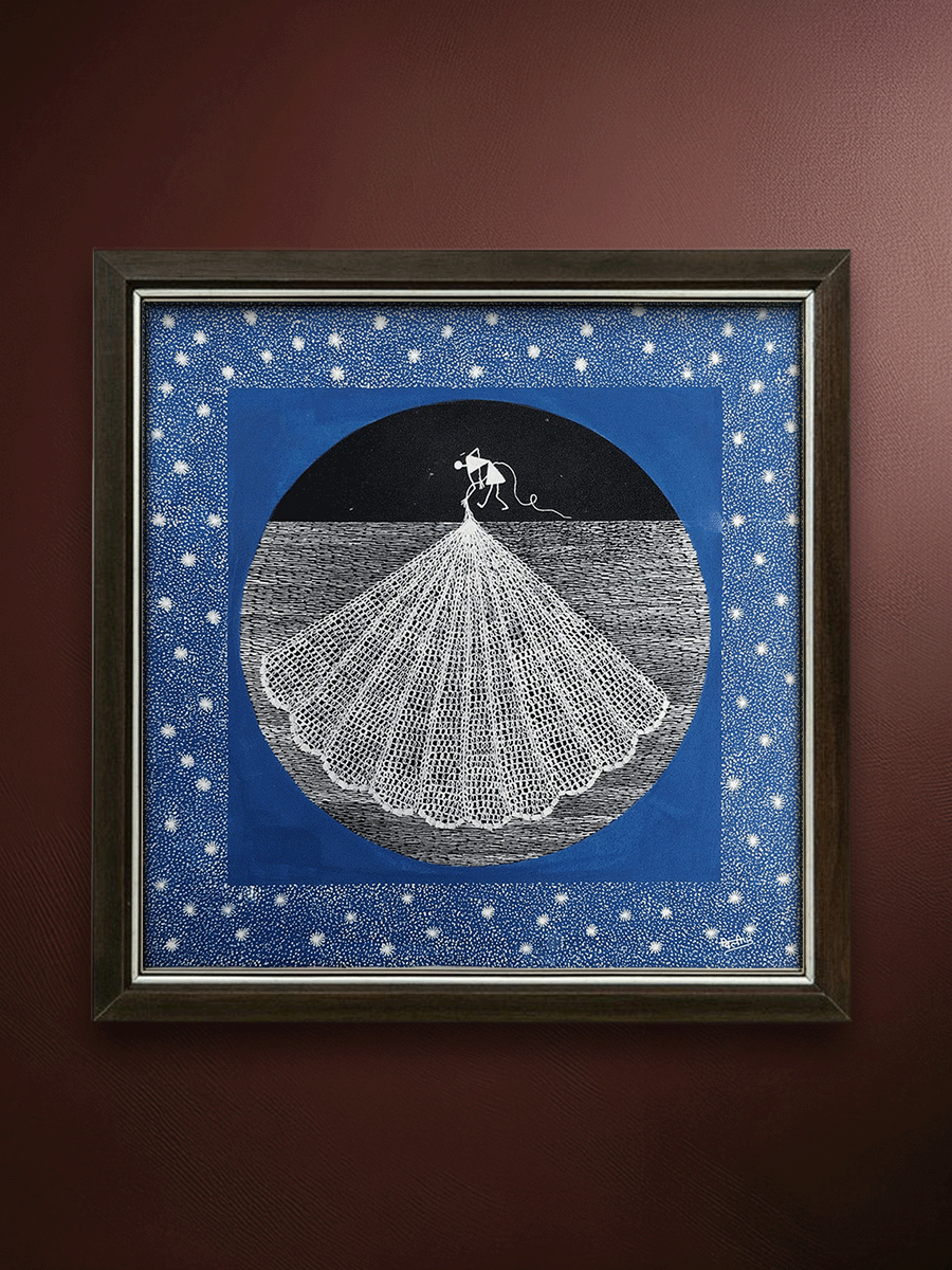 Fishing Under The Moonlight Painting In Warli Artwork