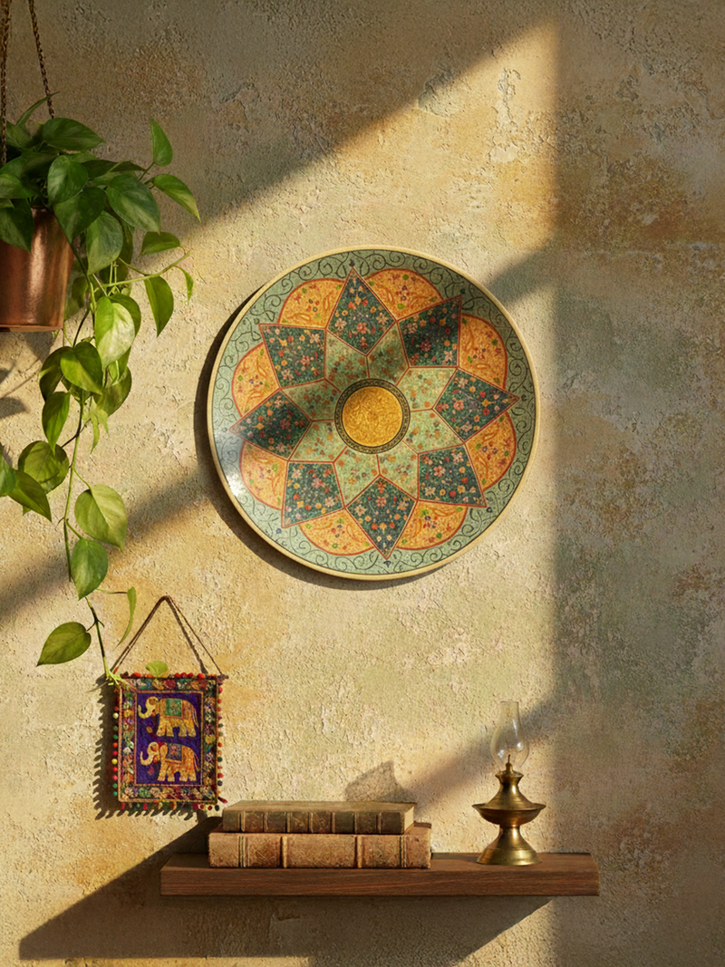 Geometric Floral Plate in Paper Mache in Paper Mache