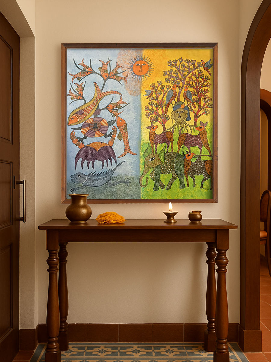 Jal aur Prithvi Jeevan in Gond Painting Online | Traditional Gond Art For Sale