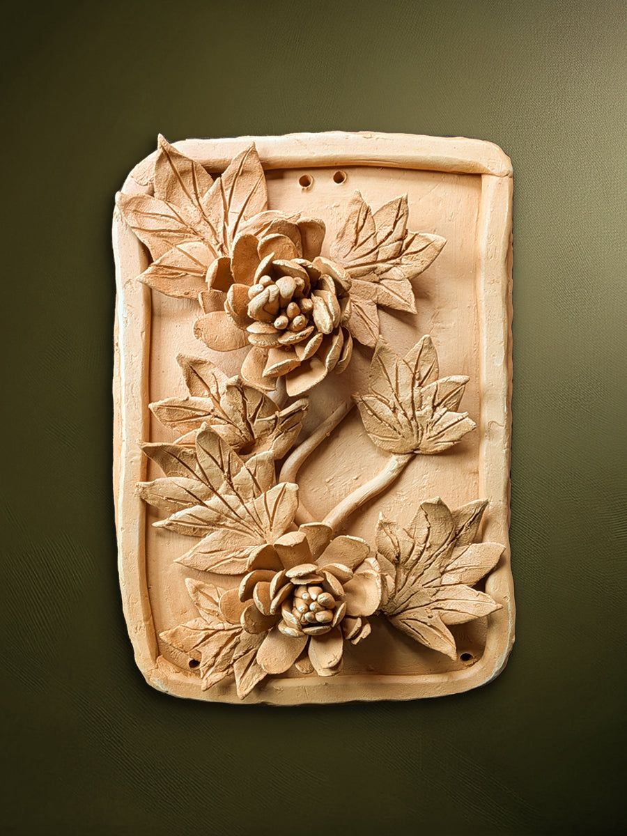 Blooming Flowers Trees in Terracotta Wall Plate for Home Decor
