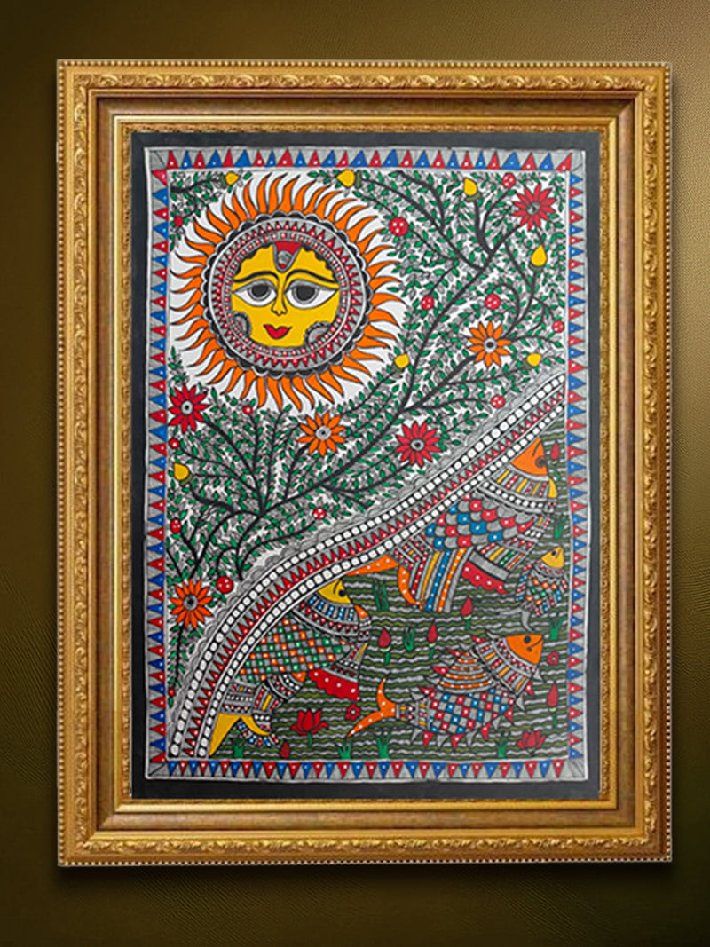 Trees and waters in Madhubani Painting for sale