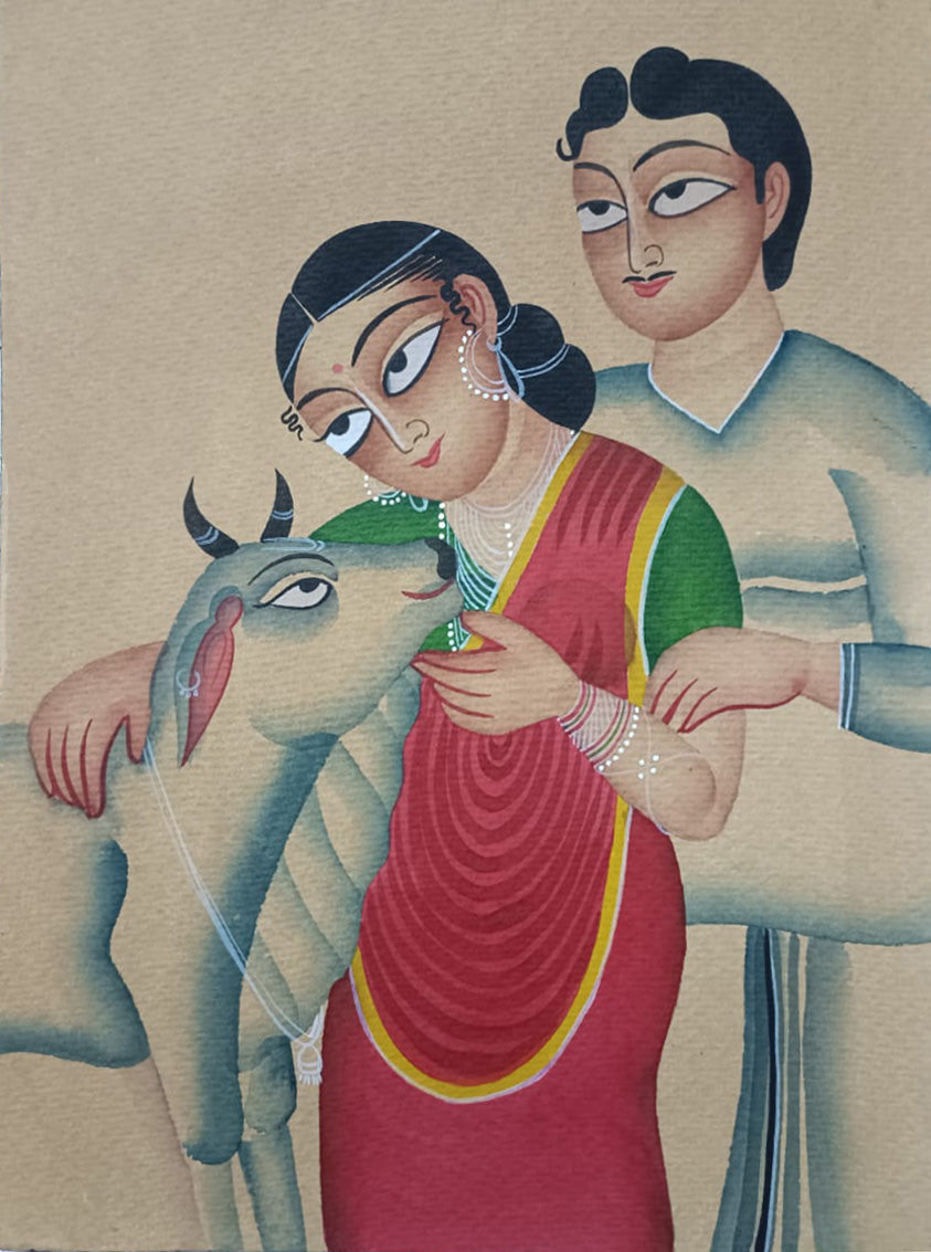 Buy Couple with Cow painiting in Kalighat Style by Indian Artist