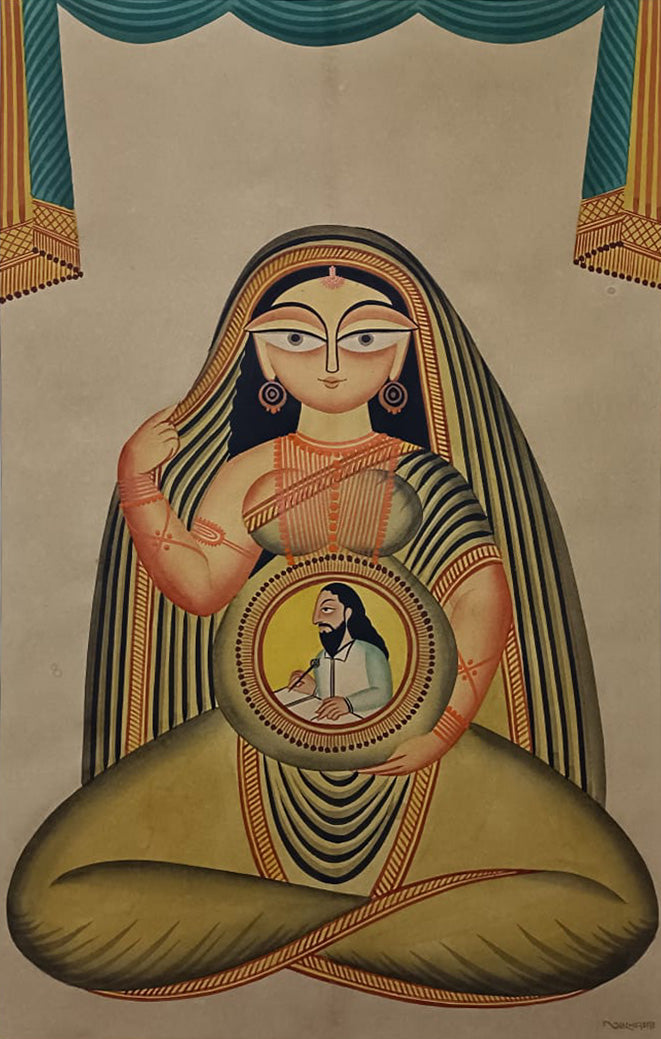 Devi with Rabindranath in Kalighat Painting for Sale
