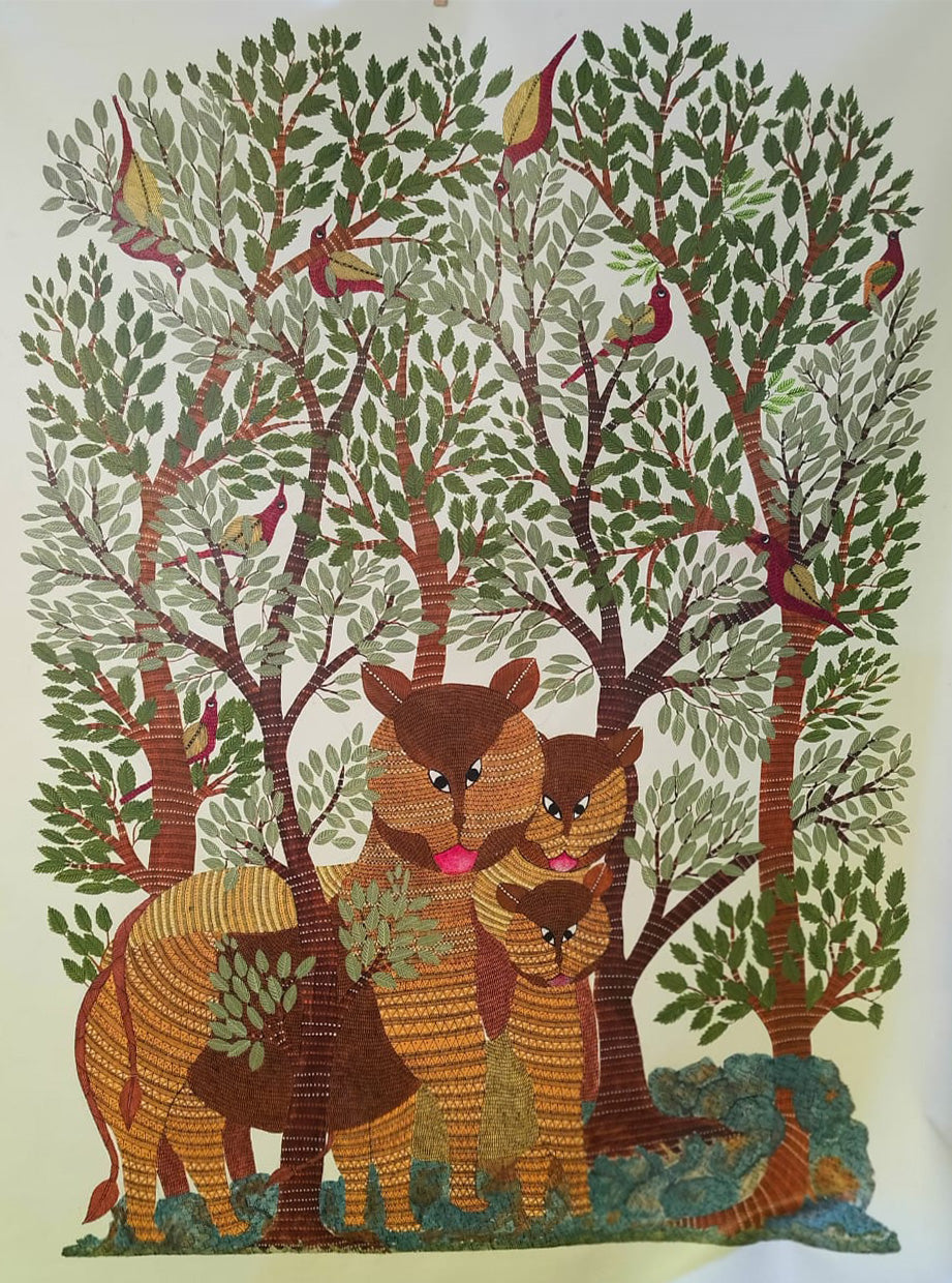 Sukhhiram Maravi's Forest and Tigers Gond art -Available for Purchase