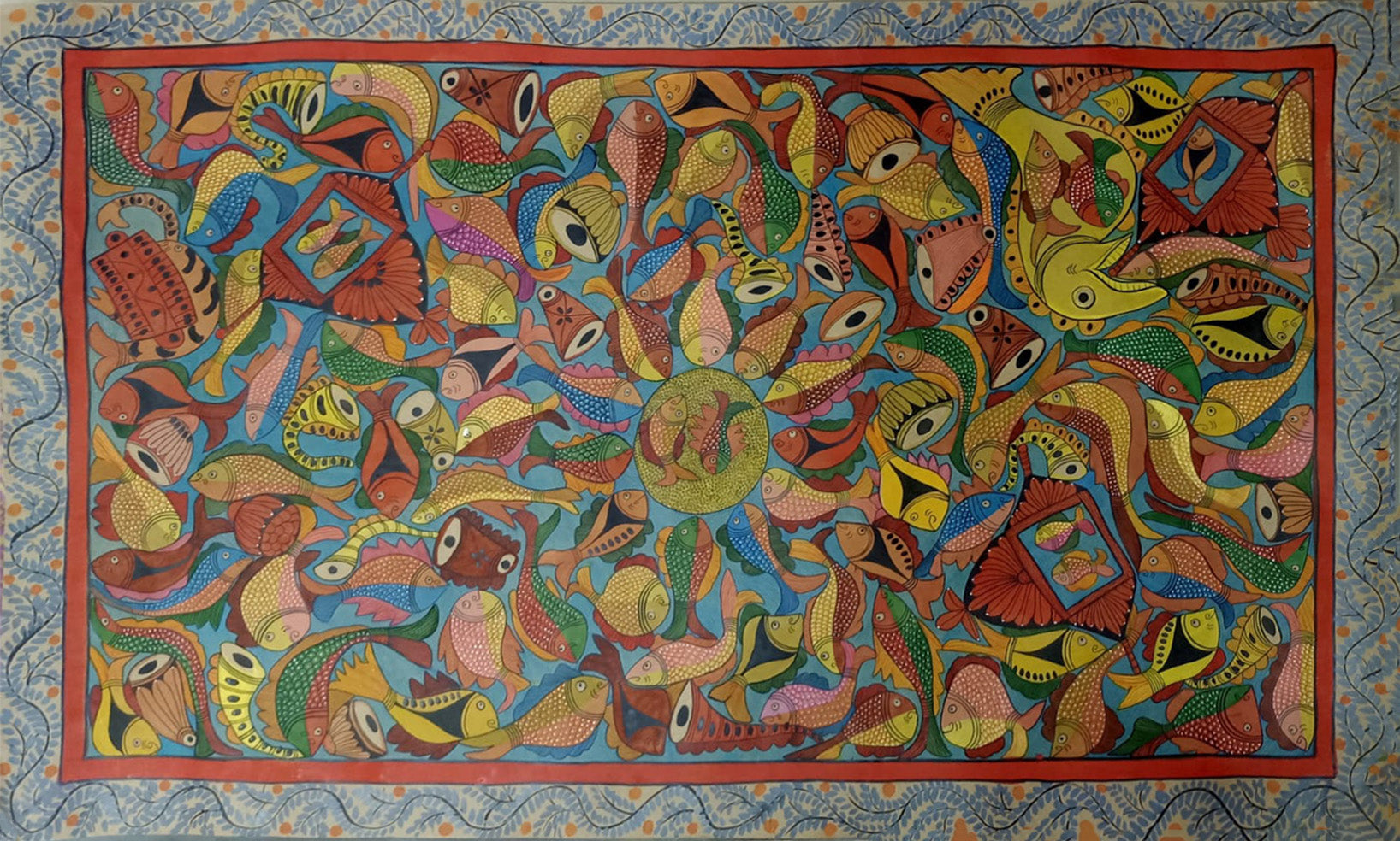 Order Painting of Intricate Chowkas Pot Fish motif In Pattachitra