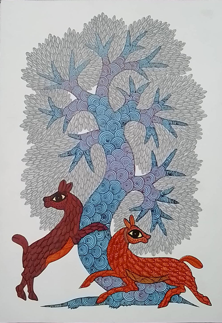 Buy Tree and Deer in Gond Painting Online for Sale