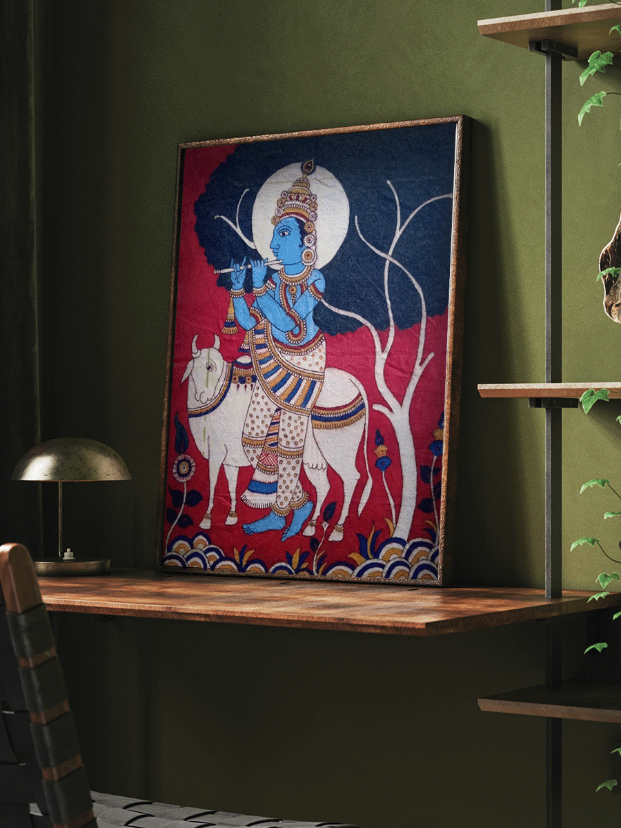 Buy Krishna with Cow in Kalamkari Painting by Siva Reddy