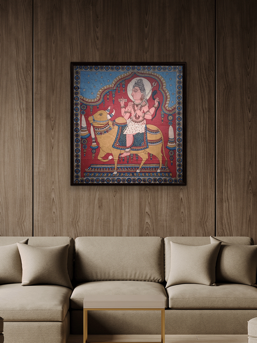 The Divine Ride: Shiva with Nandi in Kalamkari for Sale