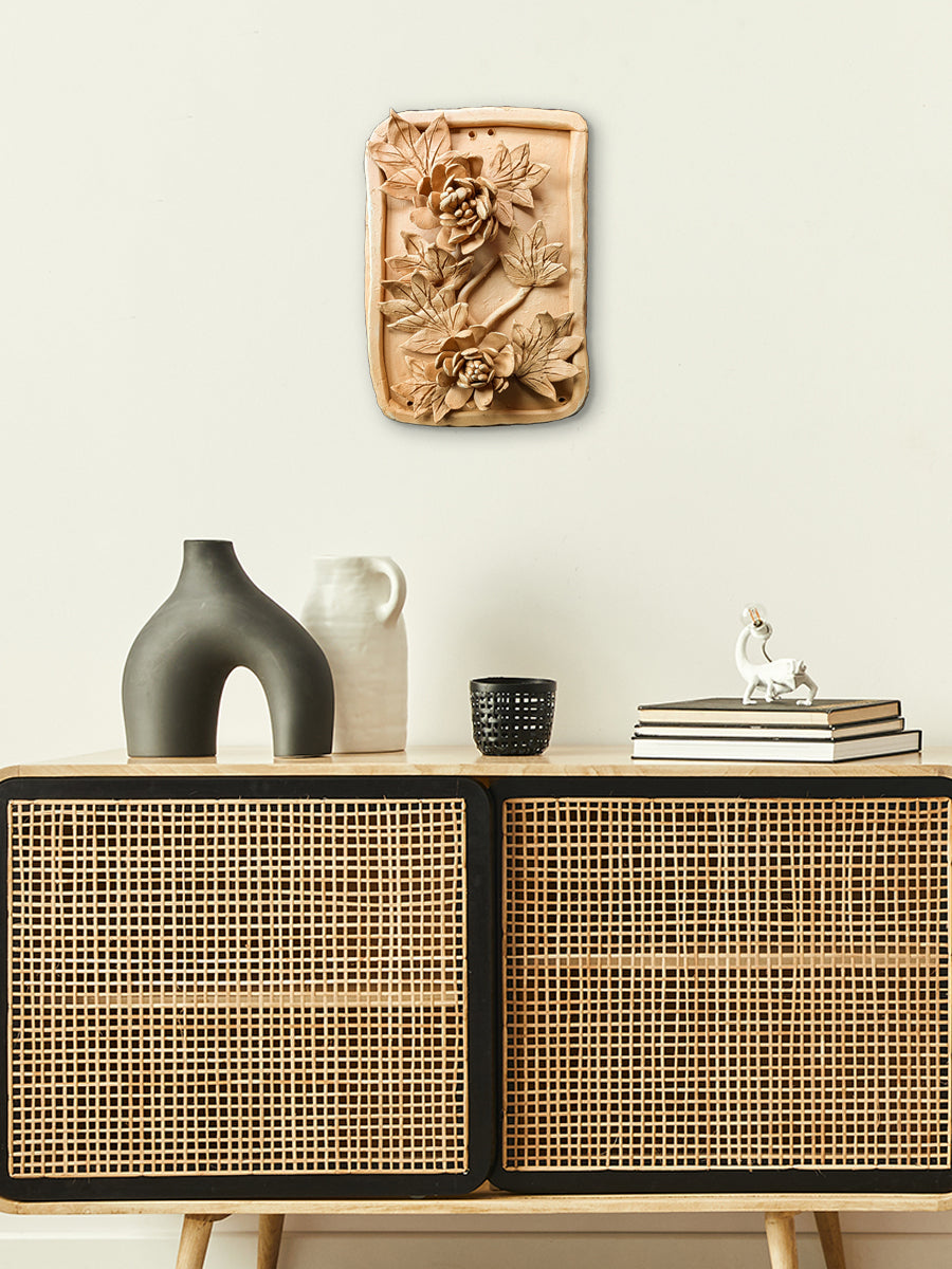 Blooming Flowers Trees in Terracotta Wall Plate for Home Decor