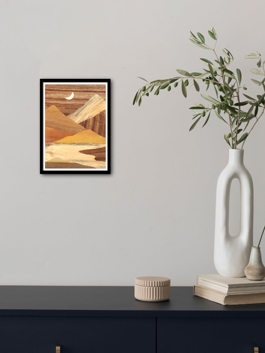 Wooden Moon and Mountains Design in wood Inlay