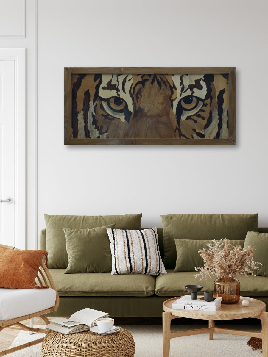 Handmade Tiger Gaze Painting In Mysore Wood Inlay