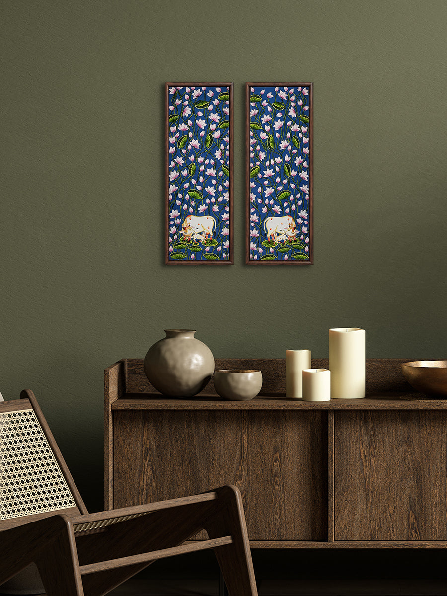Kamdhenu Cows with their Calves Amidst Lotuses in Pichwai Artwork for Sale
