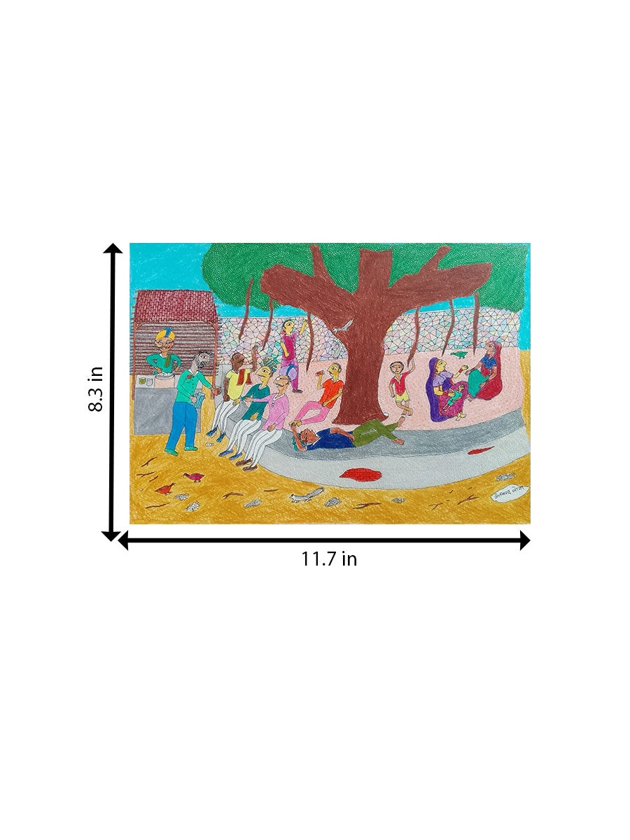 Village Life Under The Banyan Tree In Jogi Art