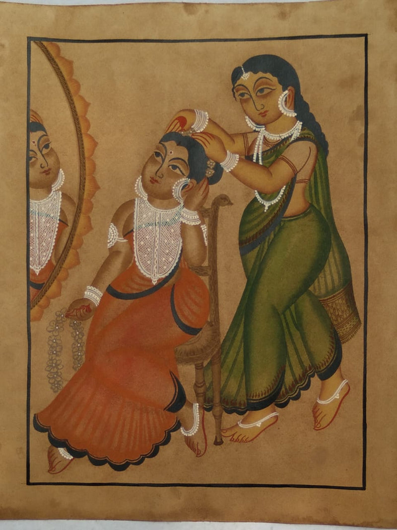 Buy Getting Ready Kalighat Style Painting by Bapi Chitrakar for Sale