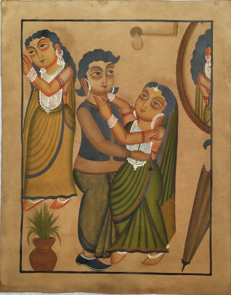 Buy Eavesdropping Kalighat Style Painting by Bapi Chitrakar for Sale